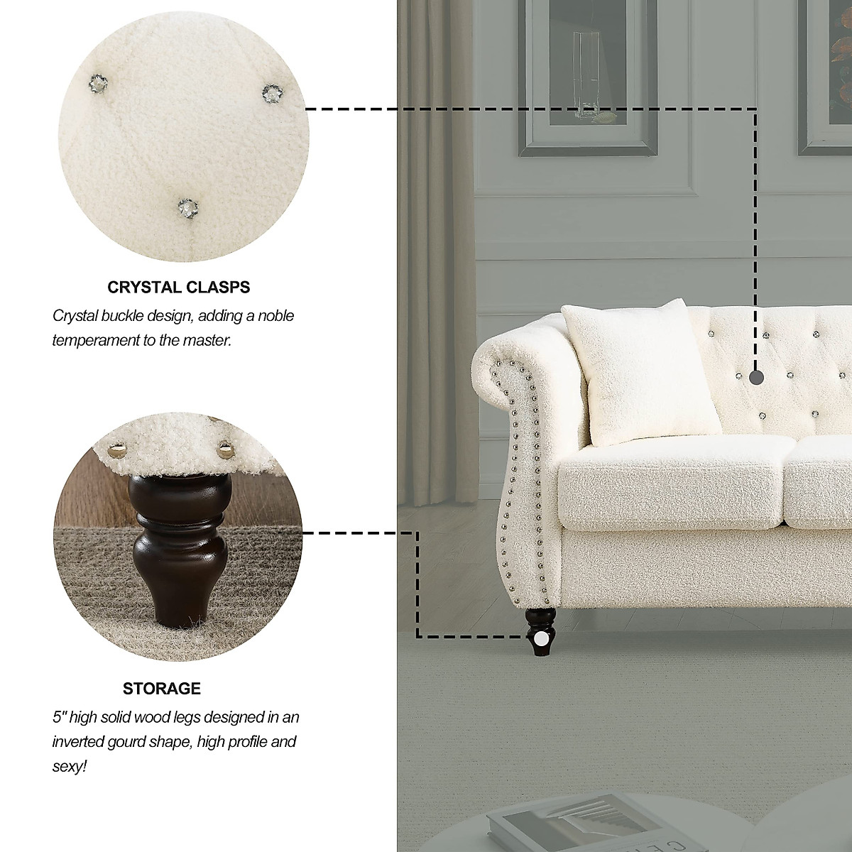 Xozor 80" Chesterfield Sofa,3 Seater Sofa Tufted Couch Upholstered Sofa Couch,with Rolled Arms and Nailheads,Two Pillows, for Living Room, Bedroom, Office, Apartment. Teddy White