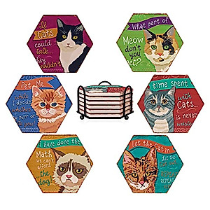ONENAX Drink Coaster with Holder, 7 Pcs Set Beverage Coaster, Cat Pattern Hexagon Style Coaster for Tabletop Protection, Ceramic Top and Cork Backing. Gift Idea