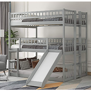 Harper & Bright Designs Triple Bunk Beds with Slide ，Wooden Bunk beds Full Over Full Over Full ，Floor Triple Bunk Bed with Ladder & Guardrails for Kids/Teens/Adults,Can be Convertible to 3 Beds,Gray