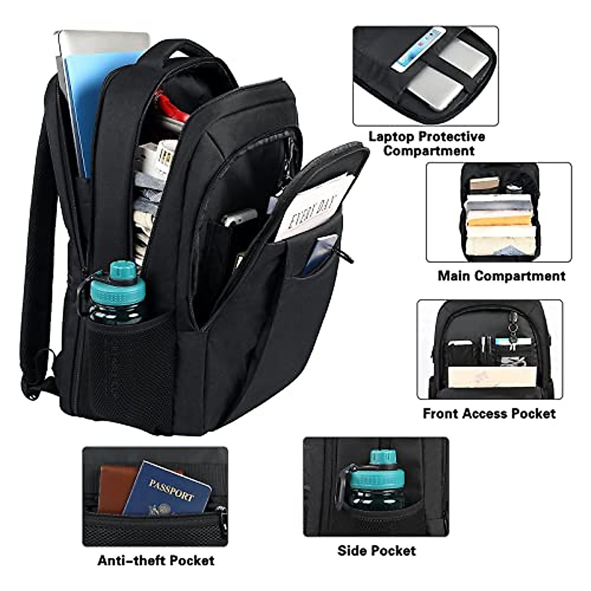 Laptop Backpack, Extra Large Backpack for Men Women, 17.3 Inch Travel Laptop Bag with USB Charging Port, Water Resistant TSA Approved Anti Theft Business College Work Computer Backpack, Black