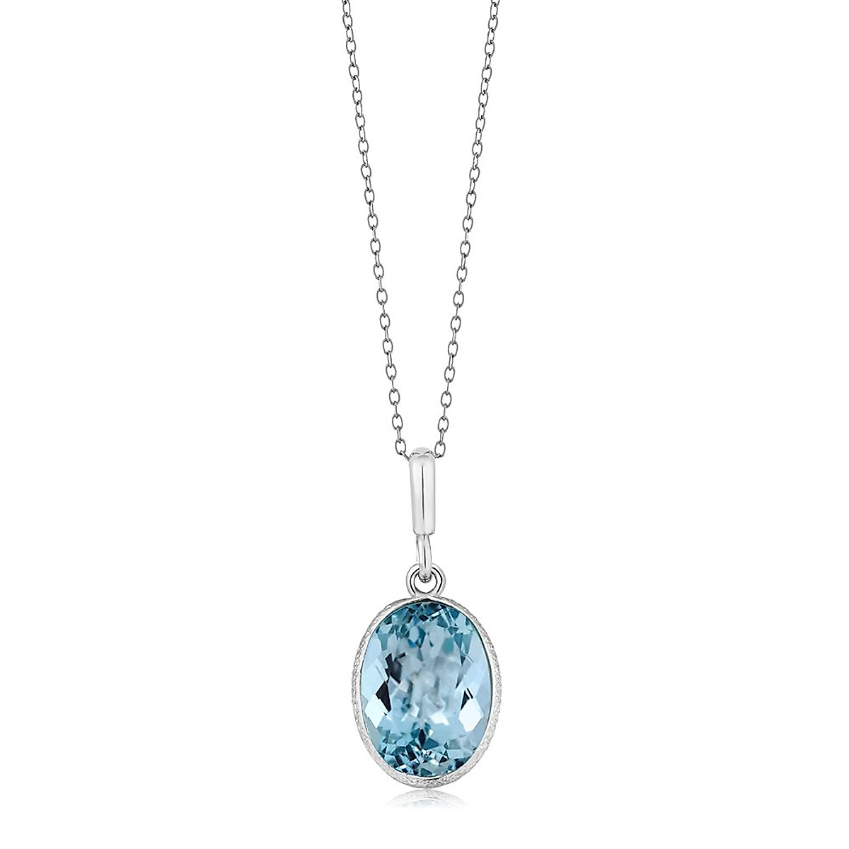 Gem Stone King 925 Sterling Silver Blue Topaz Pendant Necklace For Women | 7.00 Cttw | Gemstone Birthstone | 14X10MM Oval Shape | With 18 Inch Silver Chain