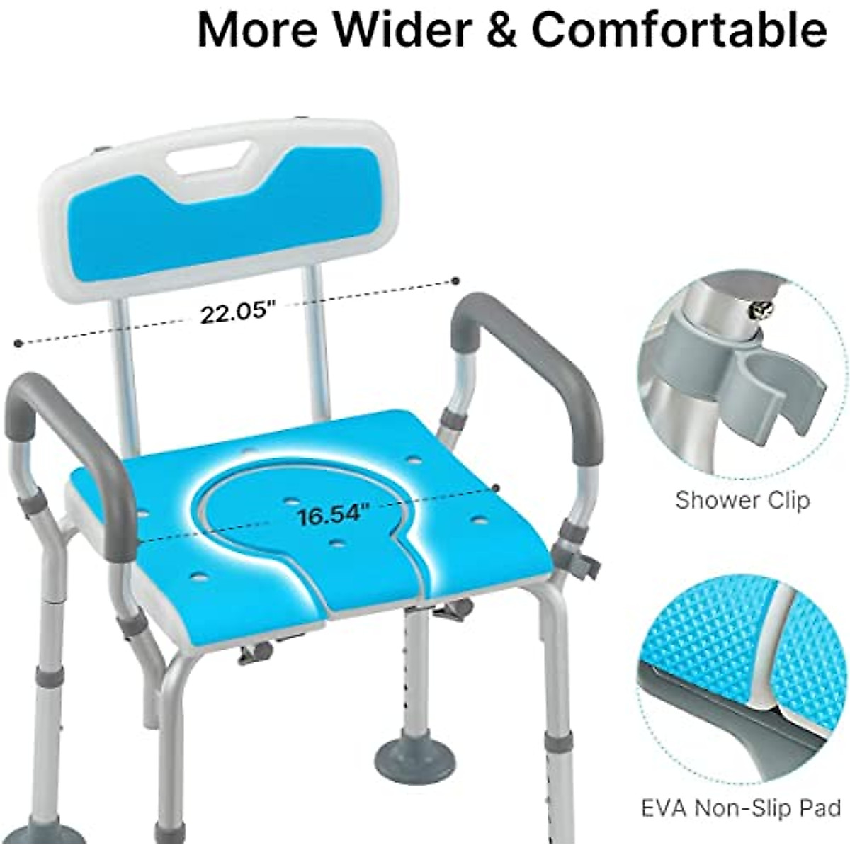 HEAO 3 in 1 Shower Chair Heavy Duty 400LBS, Bath Stool with Arms and Backrest, Padded Shower Seat with Cut Out Opening for Easy Access to Cleanse Intimate Areas (4 Big Suction Cups & 4 Rubber Tips)