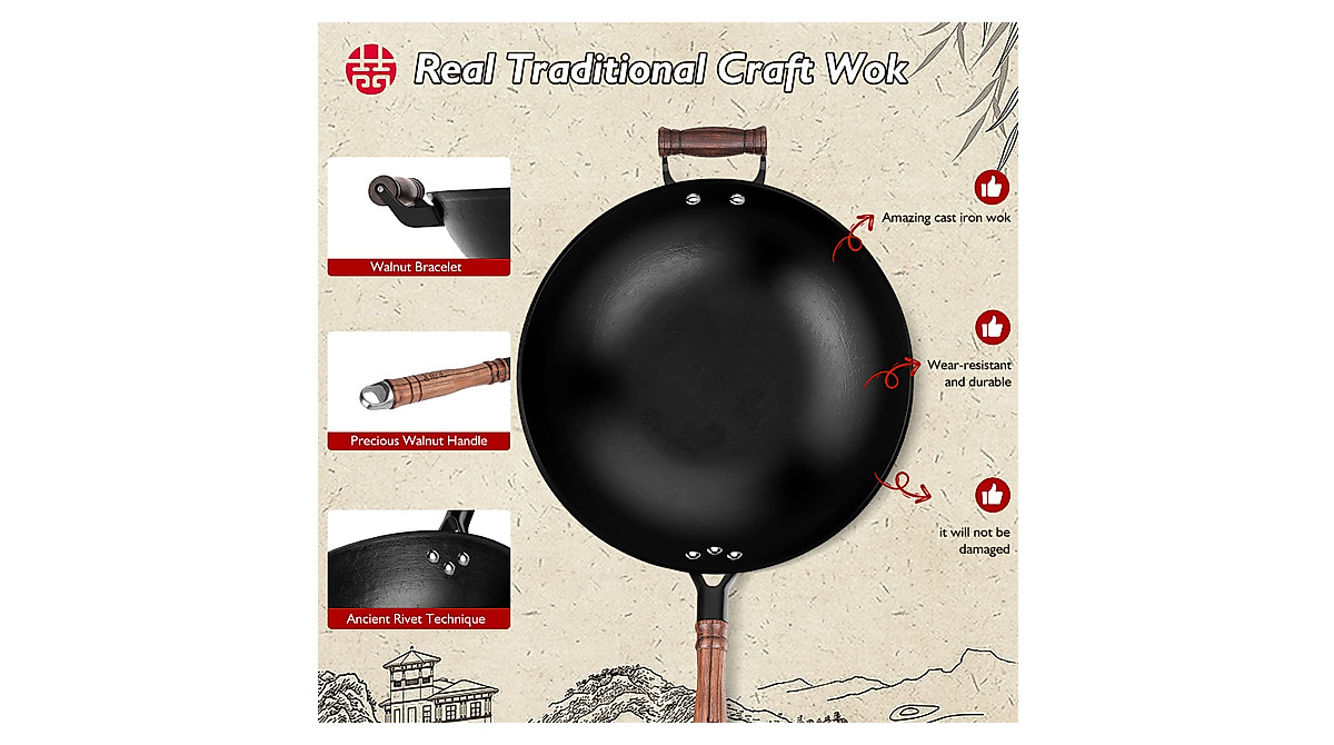 WANGYUANJI Cast Iron Wok 14.2 inch Large Stir Fry Pan with Lid