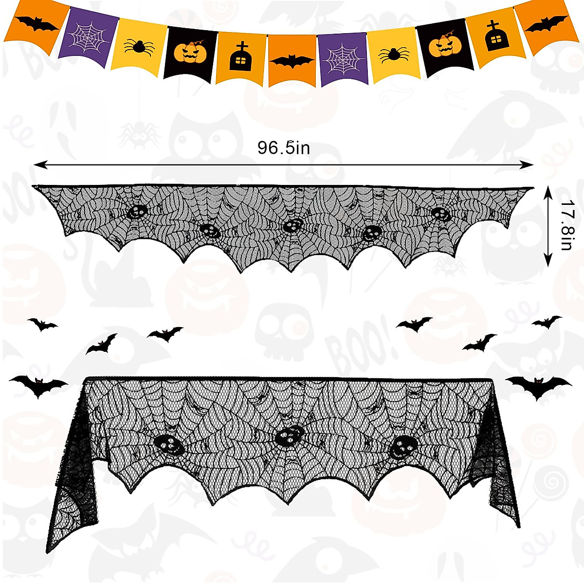 Habbiful Halloween Mantle Scarf for Table Window Indoor Curtain Kitchen Decoration Halloween Mantle Cover Black Lace Spiderweb Mantle Scarf for Halloween Fireplace Gothic Party Home Decoration