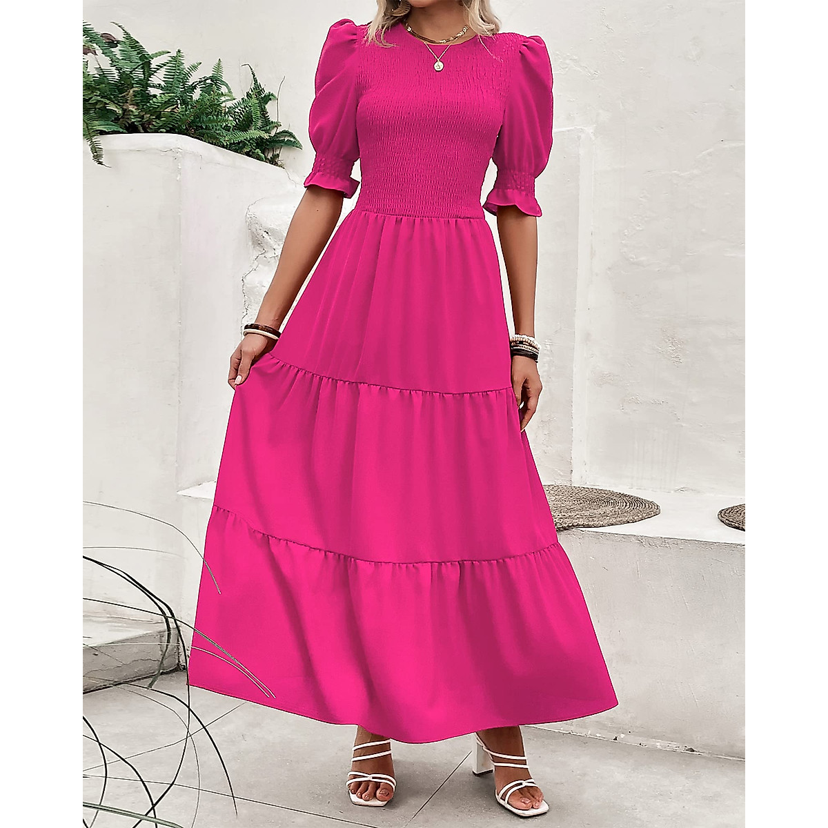 BTFBM Women Casual Summer Dresses 2024 Spring Crew Neck Ruffle Short Sleeve Floral Print Smocked Boho Flowy Maxi Dress(Solid Rose Red, Small)