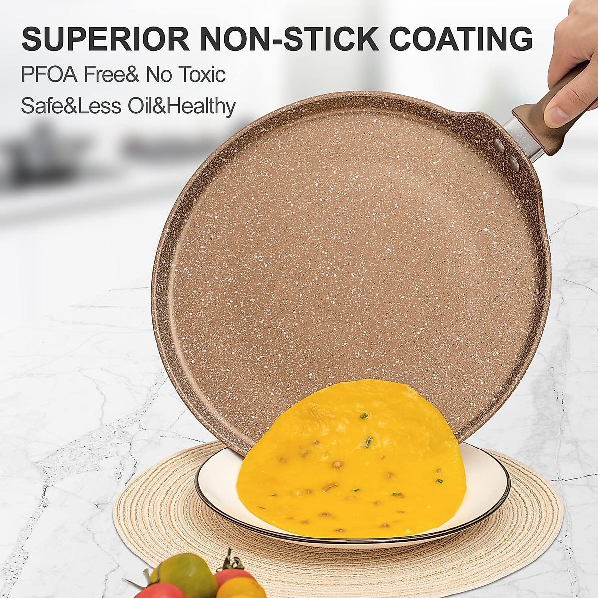 Innerwell 11 inch Nonstick Crepe Pan, Granite Coating Flat Skillet Dosa Tawa Tortilla Pan, Large Pancake Griddle Comal Pan, Compatible with All Stovetops, PFOA Free