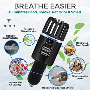 Enoch Ionic Car Air Purifier with Dual USB Car Charger. Car Air Freshener Eliminates Odor, Dust. Removes Smoke, Pet and Food Odor. Ionic Ozone Car Deodorizer (Matt Black)