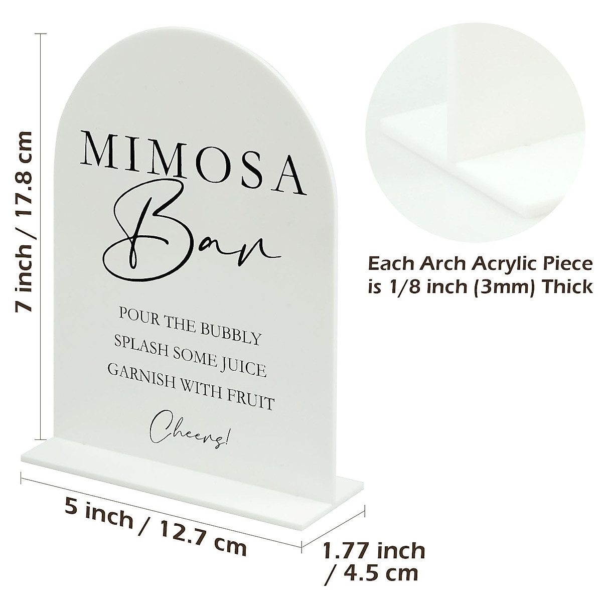 Acrylic Mimosa Bar Sign with Stand- 5"x7" White Arch Acrylic Wedding Sign and Base,1/8" Thick | Modern Calligraphy Black Lettering Acrylic Table Sign for Wedding & Party