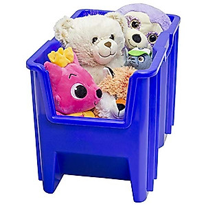 Akro-Mils 13017 Stack-N-Store Heavy Duty Stackable Open Front Plastic Storage Container Bin & 13014 Stack-N-Store Heavy Duty Stackable Open Front Plastic Storage Container Bin, Blue, (4-Pack)