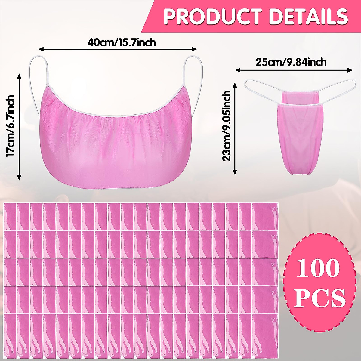 100Pcs Disposable Bra and Panties Women Disposable Bikini T Thong and Bra Spa Underwear for Spa Massage Spray Tanning (Pink)