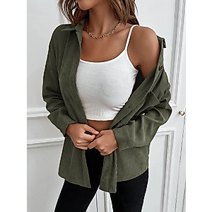 Floerns Women's Casual Long Sleeve Button Down Corduroy Shirt Blouse Top Army Green