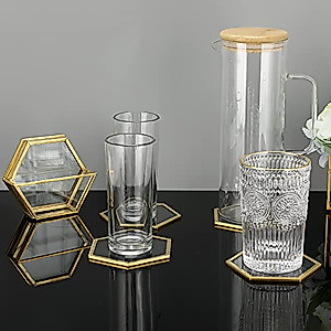 JuxYes Set of 7 Glass Coasters with Holder, Gold Elegant Cup Coasters Set for Coffee Tea Wine, Square Brass Edge Glass Cups Mats Coasters for Coffee Table (Hexagon)