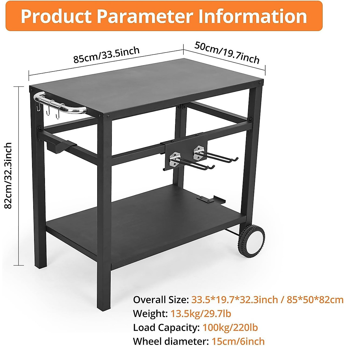 Bar Cart, Outdoor Grill Cart, Pizza Oven Stand, BBQ Prep Table with Wheels & Hooks, Side Handle, Double-Shelf Grilling Cart, Tabletop Griddle Cooking Station for Bar, Patio, Kitchen (Black)
