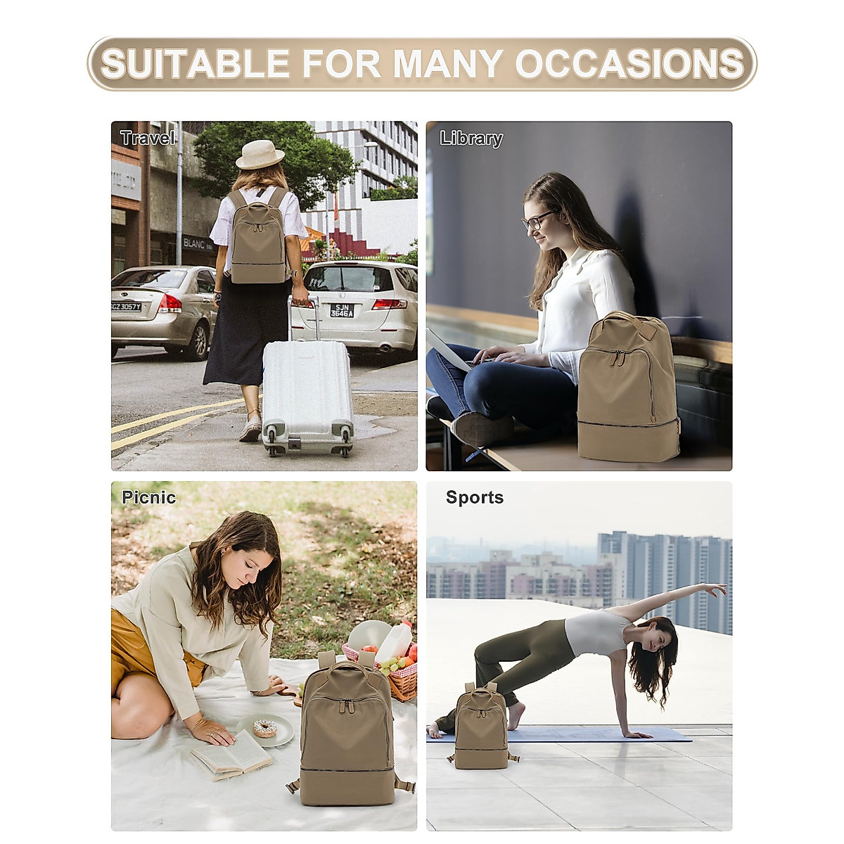 VENATIN Gym Backpack for Women Waterproof Small Gym Bag With Shoe Compartment Sports Essentials Backpack with Wet Dry Pocket,Khaki