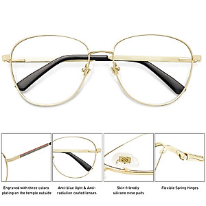 SOJOS Oversized Aviator Blue Light Blocking Glasses for Women Men, Metal Frame Clear Lens Eyeglasses SJ5098, Gold Frame/Anti-Blue Light Lens