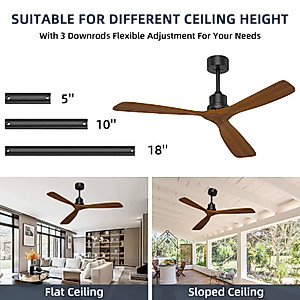 Obabala Modern Ceiling Fan No Light with Remote, Outdoor Ceiling Fan Without Light 3 blade Wood Walnut Fan for Patios/Farmhouse Reversible DC Motor, 52'', Brown