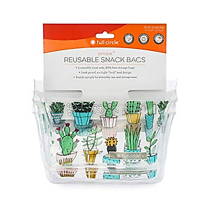 Full Circle Ziptuck Reusable Snack Bags – Multi-Use Leak-Free Food-Safe Storage Bags – BPA-Free – Set of 2, Cactus Party
