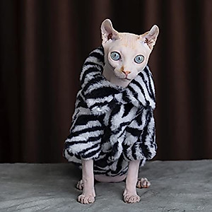 Sphynx Hairless Cat Clothes Winter Thick Warm Zebra Pattern High Collar Coat for Cats Soft Faux Fur Pet Clothes with Sleeves (Zebra, XL（8.8-11lbs）)