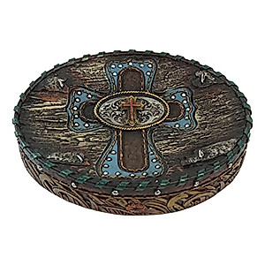 Ebros Gift Rustic Western Old World Country Blue Cross with Concho and Nailheads in Faux Distressed Wood Finish with Floral Patterns (Tumbler Cup, Soap Dish and Toothbrush Holder Set of 3)