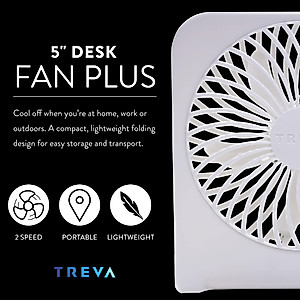 Treva 5-Inch USB and Battery Powered Desk Fan With Two Cooling Speeds and Adjustable Tilt, Small USB Fan Cubicle Accessories Durable and Long Lasting (White)