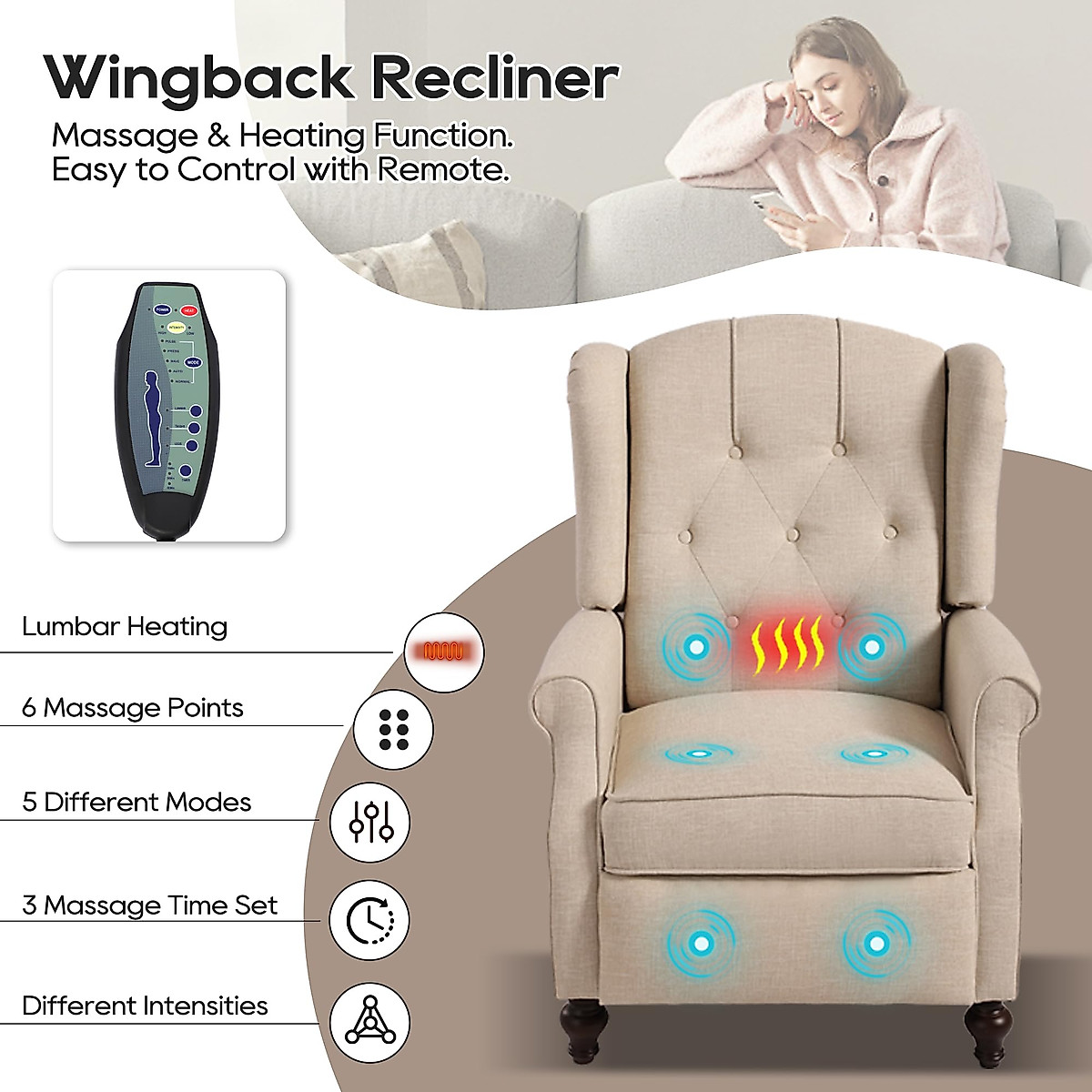 Consofa Wingback Recliner Chair with Massage and Heat Tufted Fabric Push Back Arm Chair for Living Room Vintage Recliner Chair with Remote Control, Padded Cushion, Backrest, Wooden Legs
