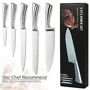 AMAHOUSMET Knife Set 5 Pieces, Professional Kitchen Knife Set with Box, Chef Knife Set, Japanese Stainless Steel, Includes Chef Knife, Bread Knife, Carving Knife, Utility Knife and Paring Knife