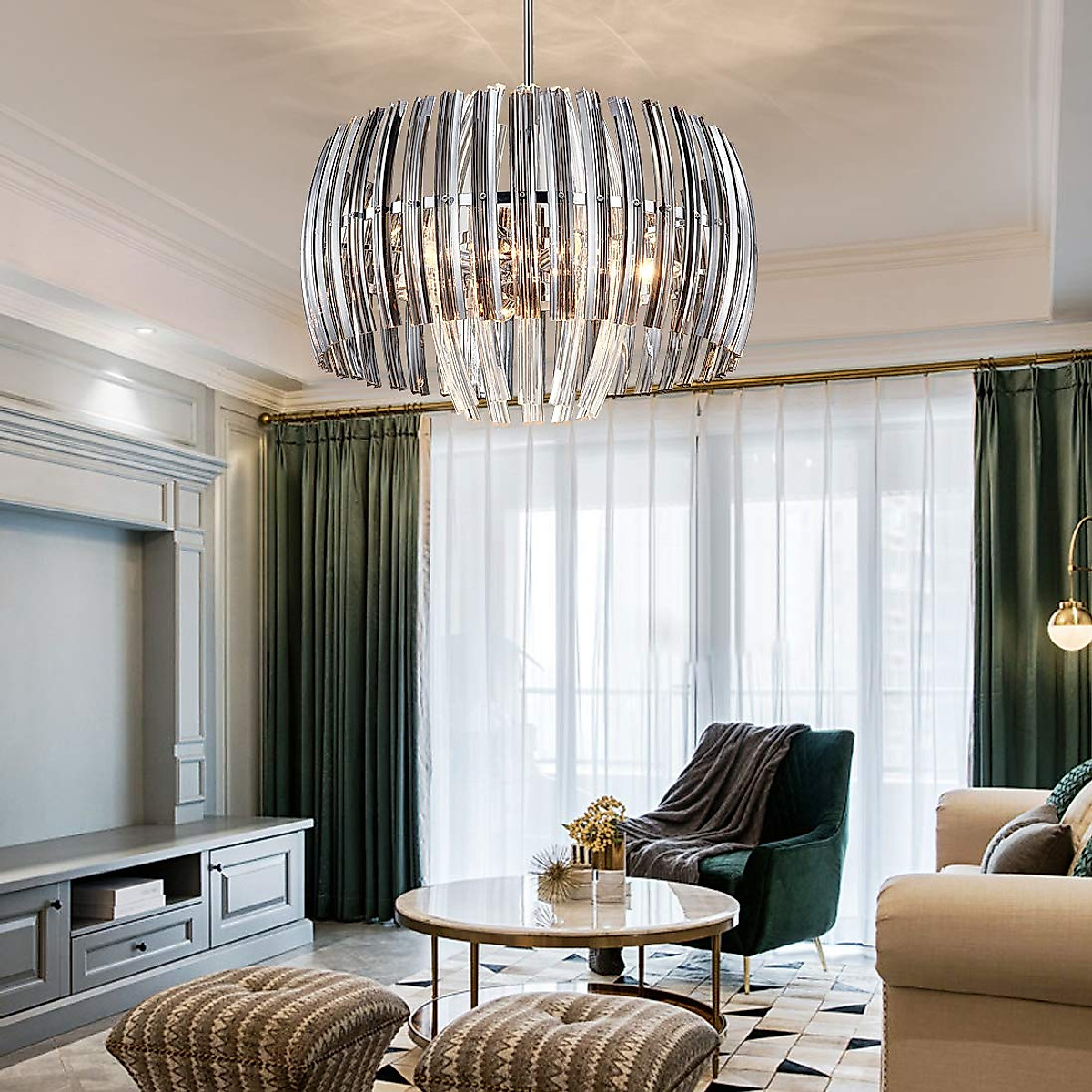 TZOE Crystal Chandelier,Modern Drum Light,17.7"(D) x45.7(H),4 Light Crystal Pendant Light,Adjustable Height,Polished Chrome,UL Listed