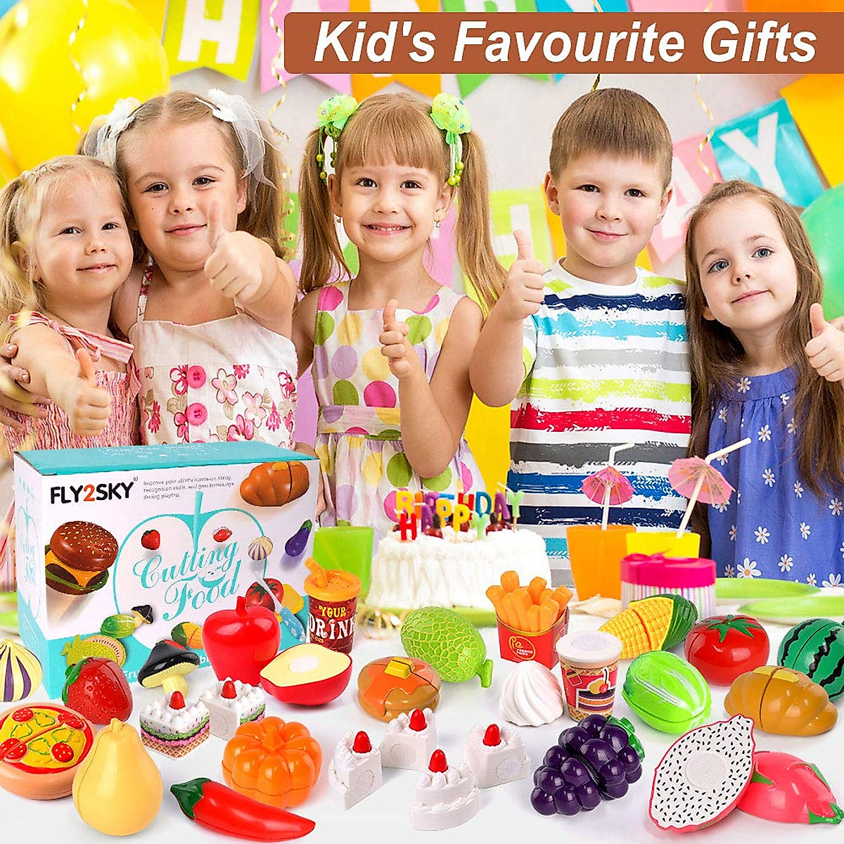 FLY2SKY 60 Pcs Play Food Toys for Kids Kitchen Pretend Play Accessories Cutting Toys Fruits Food Cake Play Set Christmas Birthday Gifts for Girls Boys Toddlers Learning Toys with Storage Bag