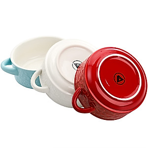 Okllen 4 Pack Ceramic Soup Bowls with Handles, 20 Oz Glazed French Onion Soup Bowls Embossed Cereal Bowls, Stackable Serving Bowls for Stew, Pasta, Chill, Oven Dishwasher Safe, 4 Colors