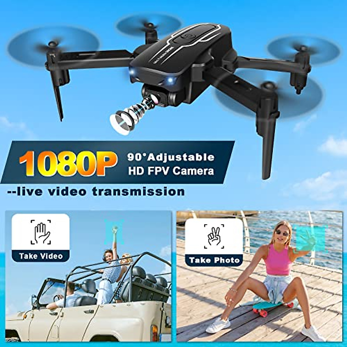 Drone with Camera for Adults Kids - 1080P HD FPV Camera Drones with Carrying Case, Foldable Drone Remote Control Toys Gifts RC Quadcopter for Boys Girls with 2 Batteries, Headless Mode, One Key Start, Speed Adjustment, 3D Flips