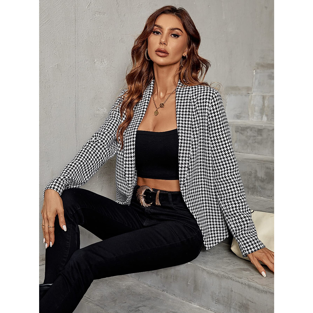 WDIRARA Women's Plus Size Houndstooth Print Long Puff Sleeve Open Front Jacket Blazer Multicoloured L