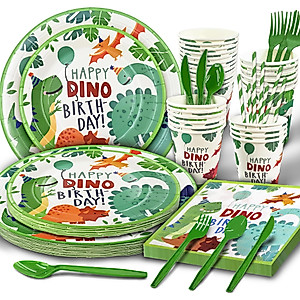 Party Spot! 260 Pcs Dinosaur Birthday Decorations, 20 Tableware Sets, Dinosaur Foil Balloons, Sticker, Banner, Dinosaur Paper Plates, Cups, Balloon Pump, Dinosaur Party Decorations