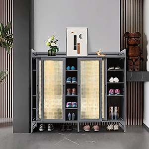 Vintoro 6 Tier Bamboo Freestanding Shoe Shelf Storage,Ventilated Two-Way Sliding Door Shoe Cabinet, Shoe Cabinet with Plastic Doors, Shoe Rack Organizer, for Home Entryway Bathroom Bedroom, Gray