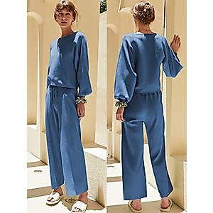 Ekouaer Knit Lounge Sets for Women 2 Piece Cozy Long Sleeve Pullover Sweater Top and Wide Leg Pants Set Pajamas Outfits Blue