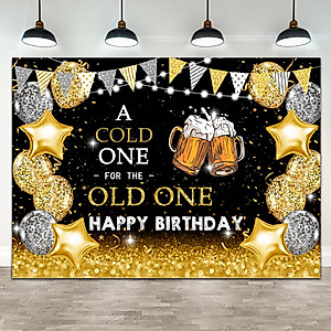 Wollmix Birthday Party Decorations for Men Happy Birthday Banner Backdrop Cheers and Beers A Cold One for The Old One Black and Gold Photography Background Supplies Photo Studio Booth Props 7x5ft