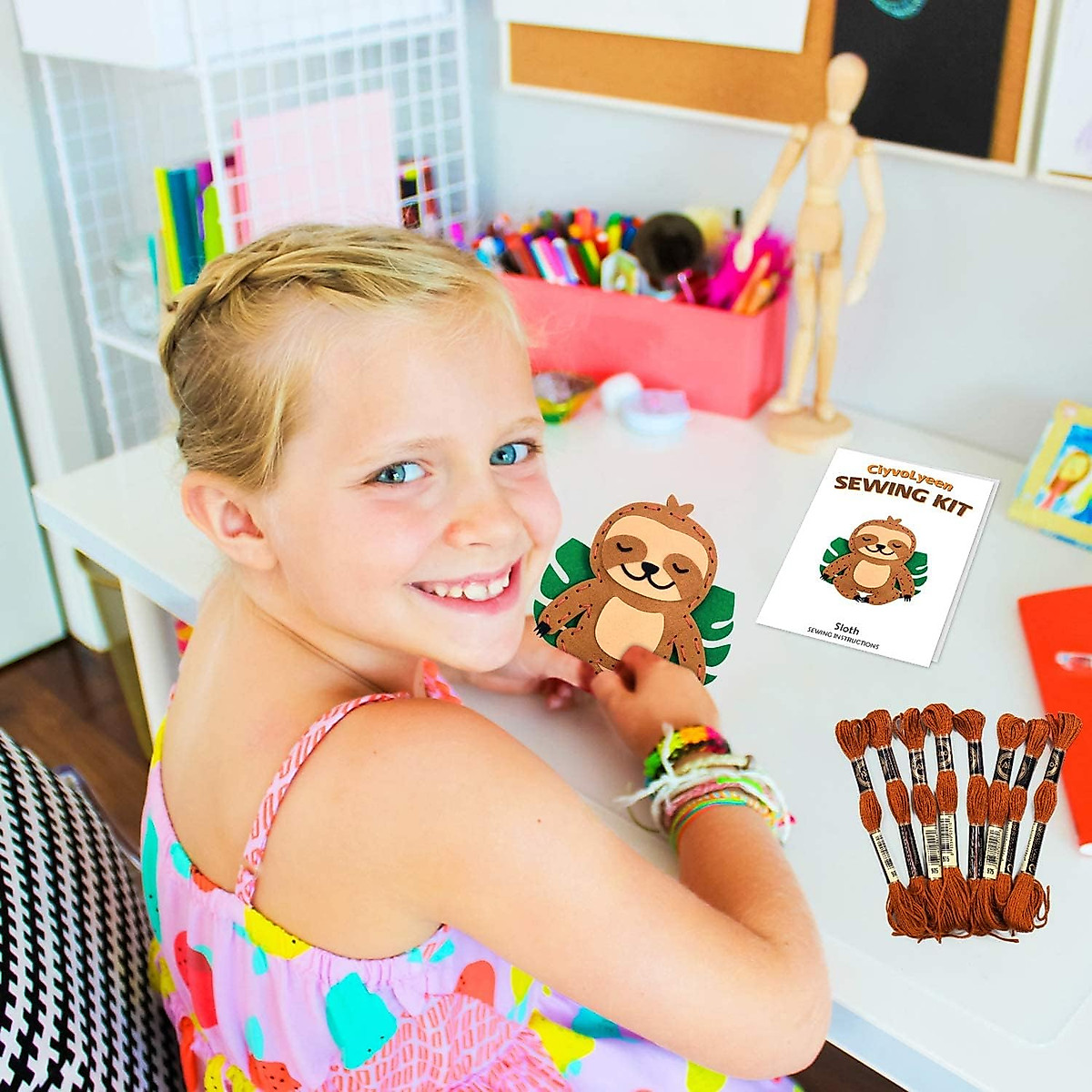 CiyvoLyeen Sloth Sewing Craft Kit Jungle Animal DIY Craft Sewing Kit for Girls and Boys Educational Sewing Kits for Kids Age 8 9 10 11 12 Craft Kit Includes 8 Projects