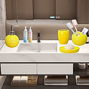 LISANEK Bathroom Accessories Set 4 Piece Ceramic Bathroom Accessories Decoration Set with Lotion Dispenser, Soap Dish,Cup,Toothbrush Holder (Yellow)