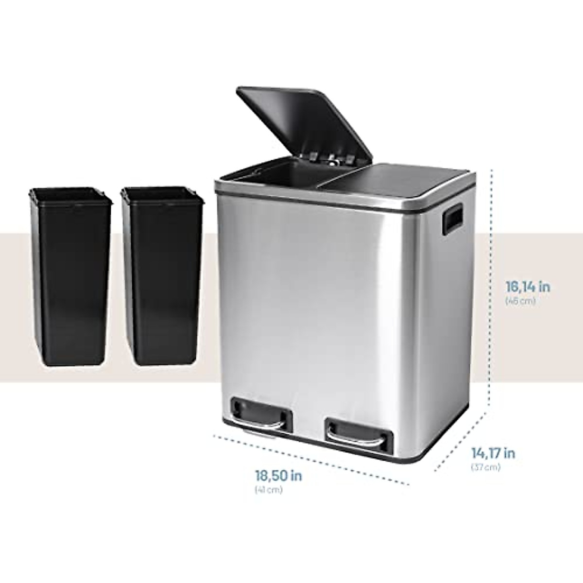 AWENN - Dual Kitchen Garbage Trash Can with Lid and Pedal - Touchless Round Shape Waste Bin - Stainless Steel Dustbin for Kitchen, Bathroom, Office and Outdoors – Black (7.9 Gallon – 30 Liters)