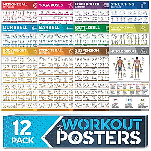 [12-PACK] Laminated Large Workout Poster Set - Perfect Workout Posters for Home Gym - Exercise Charts Incl. Dumbbell, Yoga Poses, Resistance Band, Kettlebell, Stretching & More Fitness Gym Posters