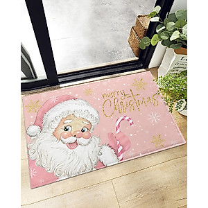 Christmas Pink Santa Claus Floor Door Mats Shag Carpet,Xmas Gold Foil Snowflake Non Slip Super Soft Bath Rugs,Winter Snow Shaggy Fuzzy Area Rug for Kitchen/Bathroom/Bedroom/Living Room Decor 16x24in