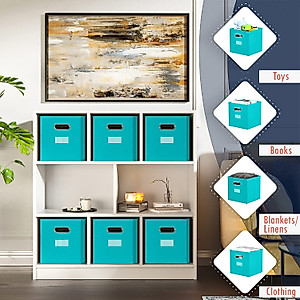 Ornavo Home Foldable Storage Bins Basket Cube Organizer with Dual Handles and Window Pocket - 6 Pack - 12" L x 12" W x 12" H - Teal