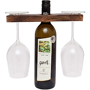 EARTHLY HOME Wooden Wine Bottle & Glass Holder Handmade Antique Wood Stand for Wine for Two Glasses & Bottle Beautifully Handcrafted Antique Look Traditionally Handcrafted