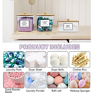 2+1 Pack Laundry Pods Container,Clear Laundry Detergent Powder Storage Containers,Laundry Room Organization Containers with Wooden Lids & Labels,Laundry Pods Holder for Scent Booster,Dryer Ball