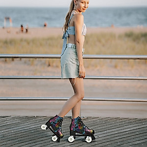 Women's Roller Skates Light Up Wheels, Leather Adjustable Double Row Roller Skates Illuminating Derby Skates Illuminating for Teens and Youth (Lightning Black Flash Wheel,8.5)