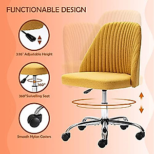 HOMEFLA Home Office Chair, Modern Linen Fabric Chair Adjustable Swivel Task Chair Mid-Back Cute Upholstered Armless Computer Desk Chair with Wheels for Bedroom Studying Room Vanity Room (Yellow)