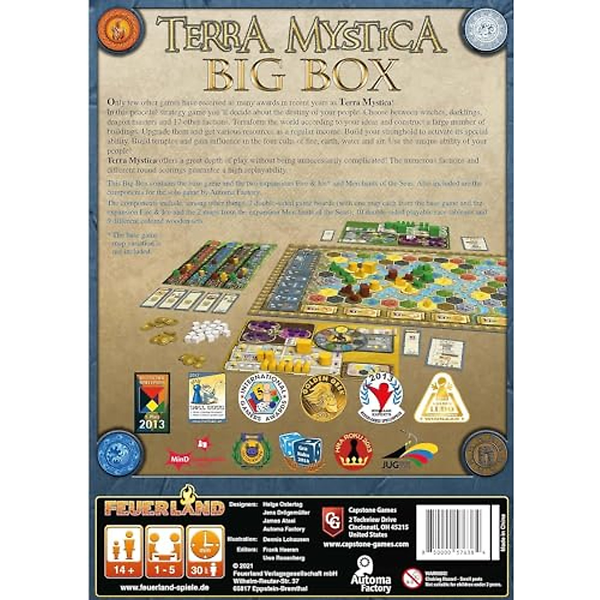 Capstone Games Terra Mystica: Big Box - Contains: Terra Mystica: Base Game, Fire & Ice Expansion, Merchants of The Seas Expansion by Automa Factory. Ages 14+, 1-5 Players, 30 Min Per Player