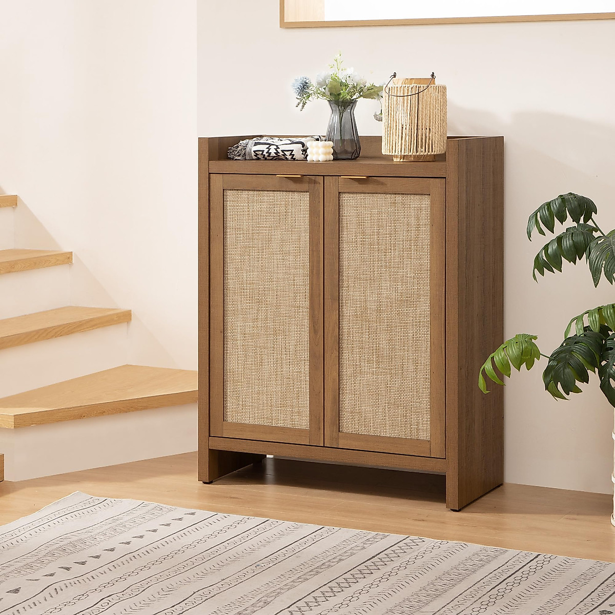 SICOTAS Shoe Cabinet, 24 Pair Shoe Storage Organizer Cabinet, 41" Tall Rattan Shoe Cabinet with Doors and Shelves, 6-Tier Farmhouse Boho Wooden Storage Cabinet for Entryway Hallway Closet