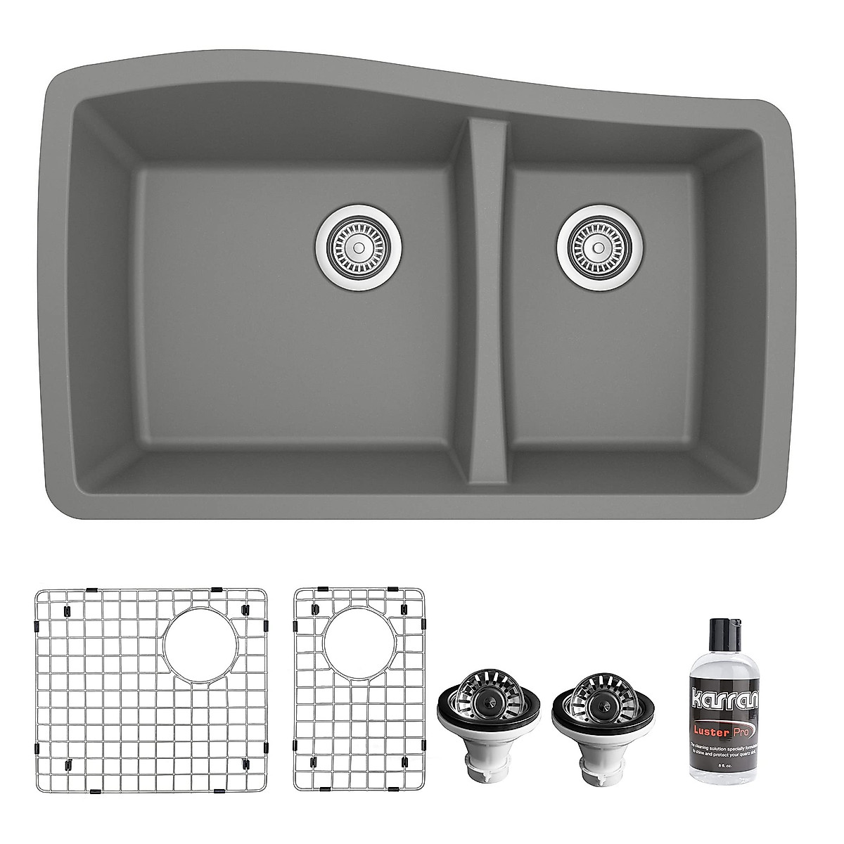Karran QU-721 Undermount Quartz Composite 33 in. 60/40 Double Bowl Kitchen Sink with Bottom Grids and Strainers in Grey