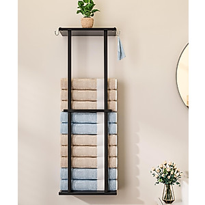 Cozivolife Bamboo Towel Rack for Bathroom with 2 Hooks, 32.7 inch with Shelf Wall Mounted Towel Storage Organizer, Large Capacity Towel Holder for Bathe Towels and Hand Towels (Black)