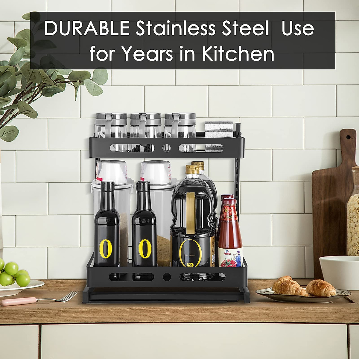 Under Sink Organizer, Height Adjustable Pull-out Cabinet Organizer, 2-Tier Slide Out Sliding Shelf Under Cabinet Storage for Kitchen and Bathroom